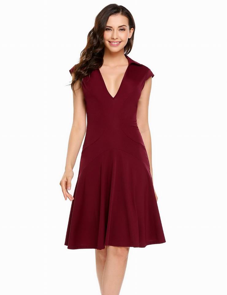 Miselon Women Sexy Deep V Neck Cap Sleeve Flowy Pleated Skater Dress